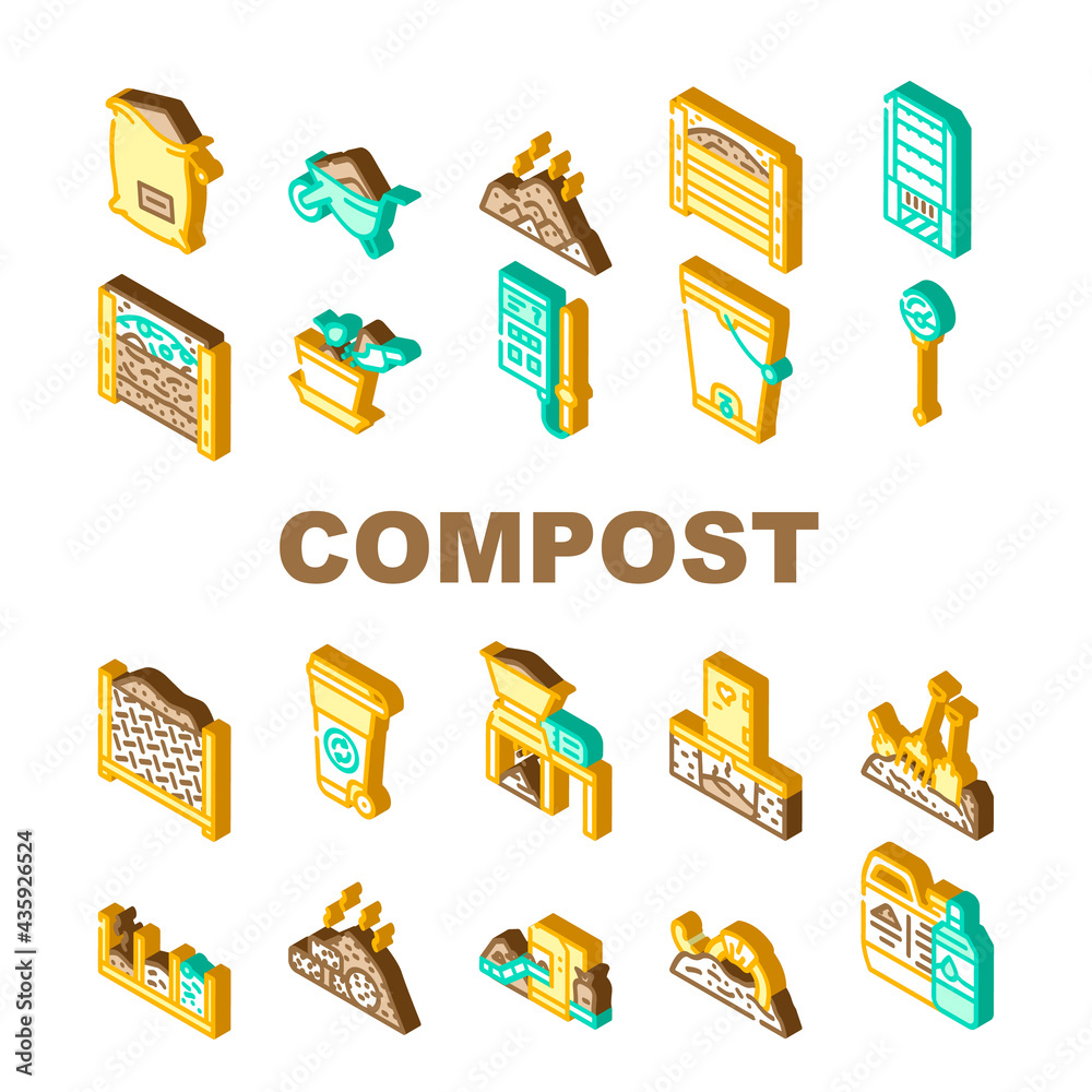 Compost Production Collection Icons Set Vector. Worms In Compost And ...
