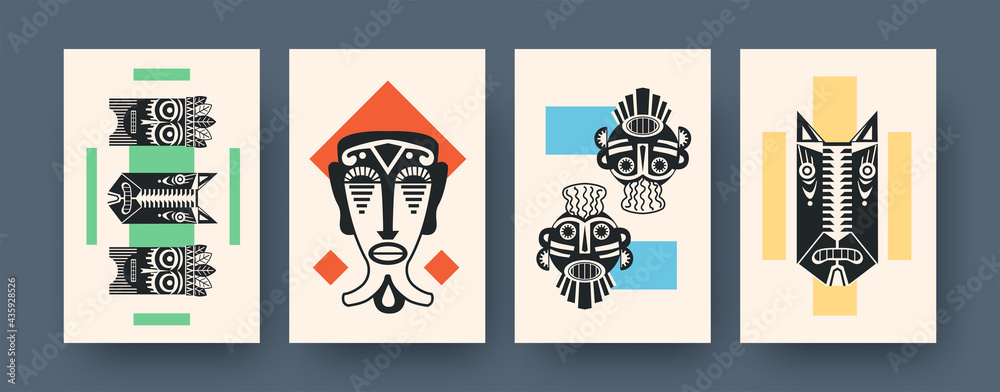 Set of contemporary art posters with ethnic masks. Vector illustration ...