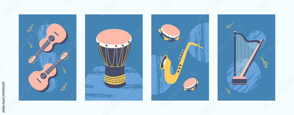 Set of musical instruments illustrations in pastel style. Collection of ...