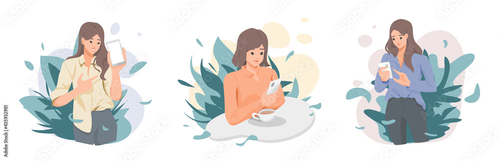 set of character business woman using and showing smartphones devices ...