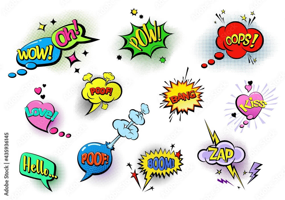 Comic colored speech bubbles with text. Sound emotes and comics cues ...
