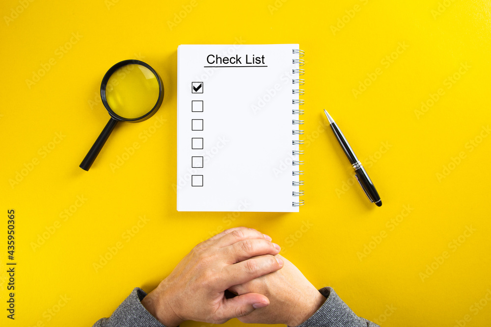 Check mark in check-box on yellow background Stock Photo | Adobe Stock