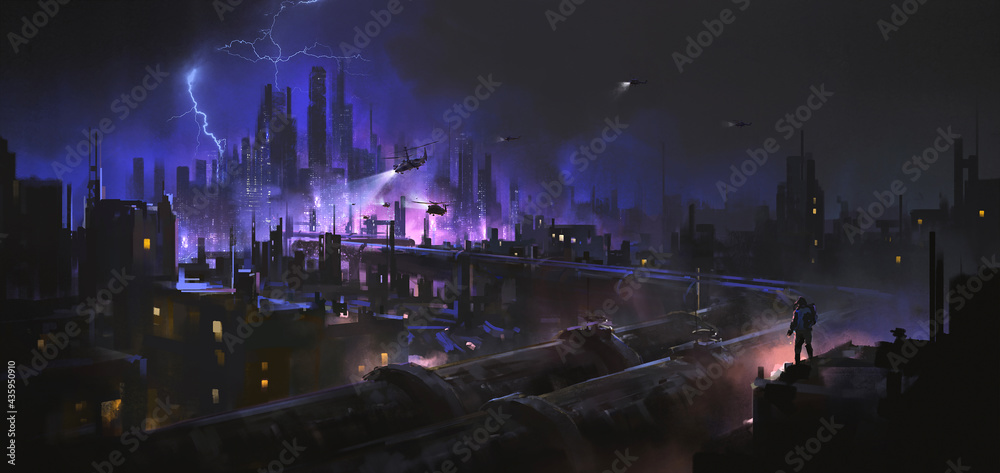 Giant pipeline extending to the city, digital painting, 3d illustration ...