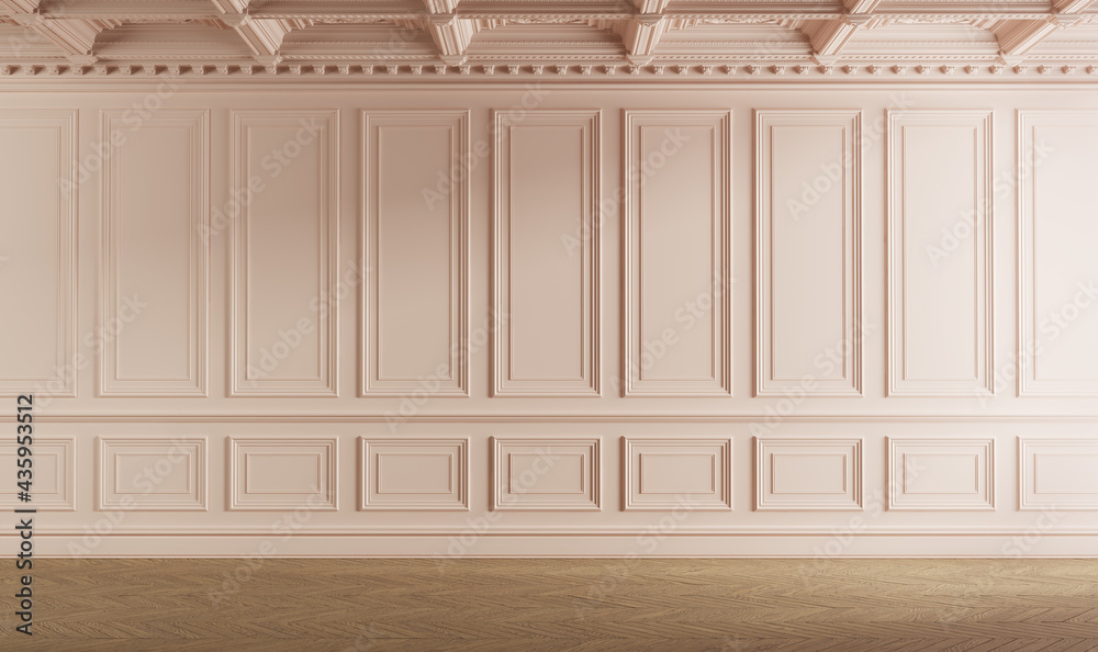 Classic empty room with boiserie on the wall. Pink colored. 3d ...