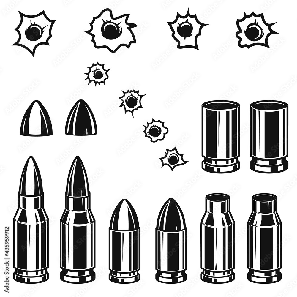 Set of handgun bullets and bullet holes in vintage monochrome style ...