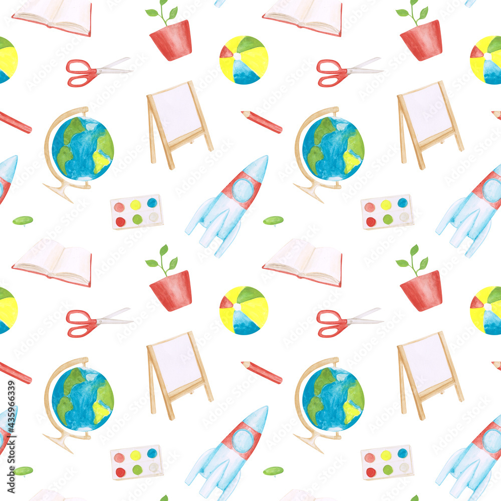 Watercolor school seamless pattern on a white background. A book, a ...