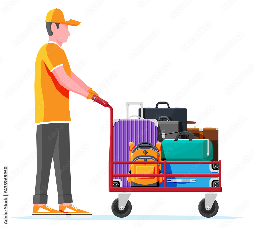 Modern And Vintage Travel Bag Collection On Hand truck. Male Mover. Set ...