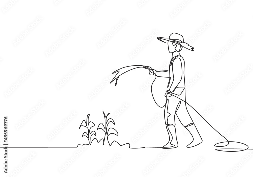 Single continuous line drawing young male farmer standing on farm field ...