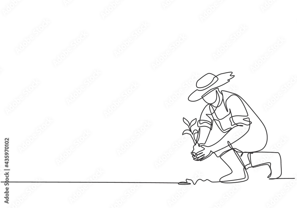 Single continuous line drawing young male farmer planting plant shoots ...