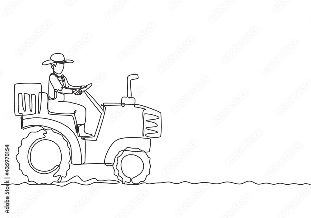 Single continuous line drawing young male farmer drive a tractor to ...
