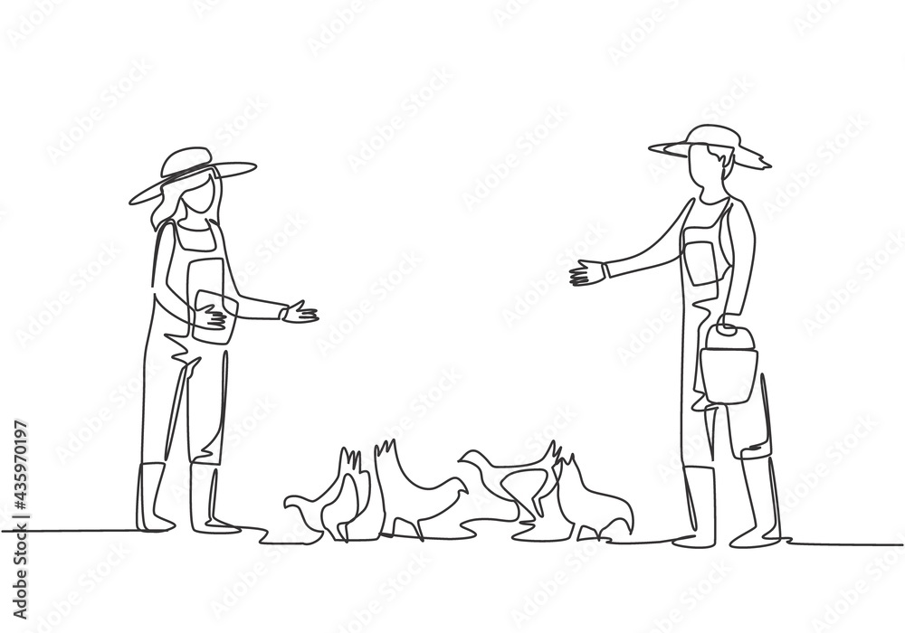 Continuous one line drawing young couple farmer is feeding the chickens ...