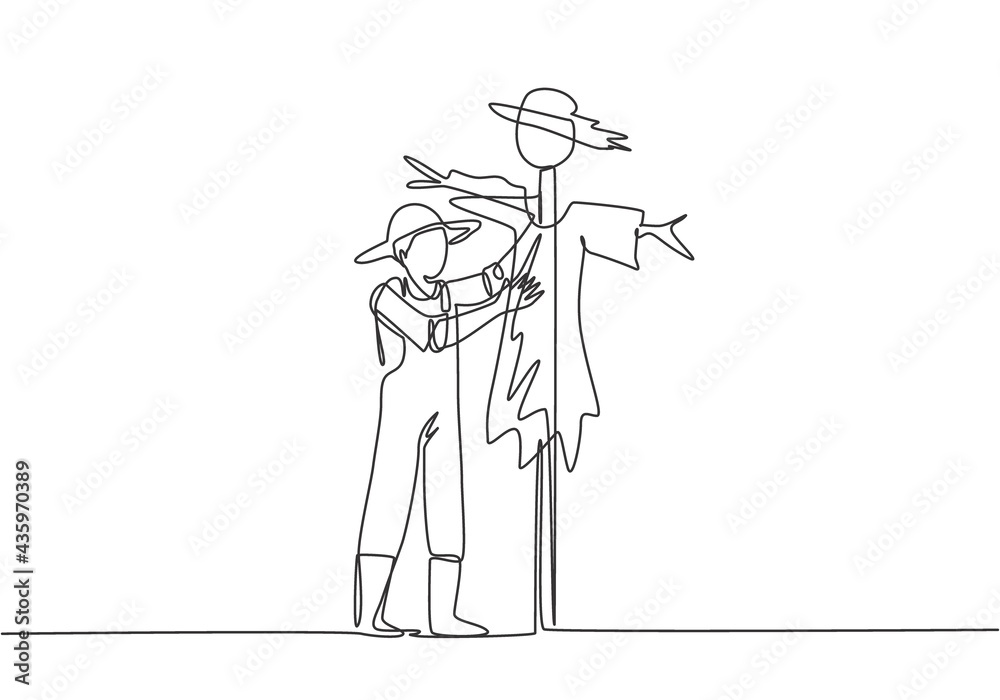 Continuous one line drawing a young male farmer in a straw hat is ...