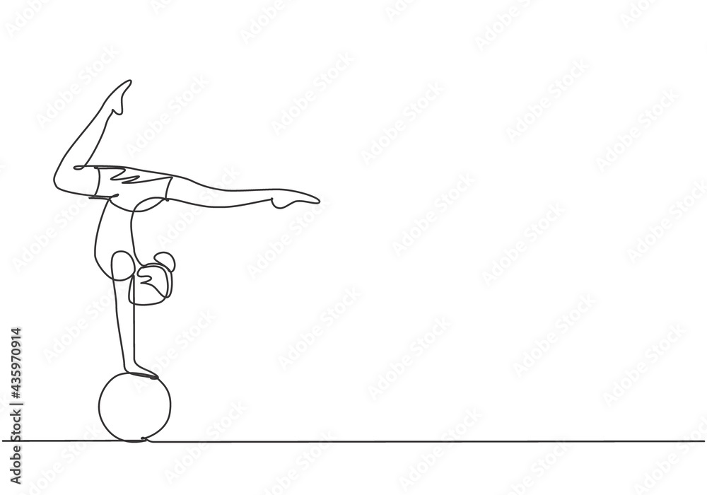 Single one line drawing a female acrobat performs a hand stand on a ...
