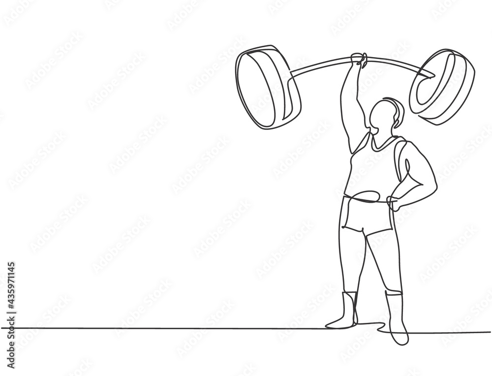 Single continuous line drawing the strongman lifted the curved barbell ...