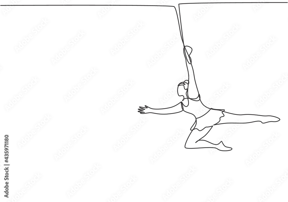 Single one line drawing a female acrobat appears on the trapeze with ...