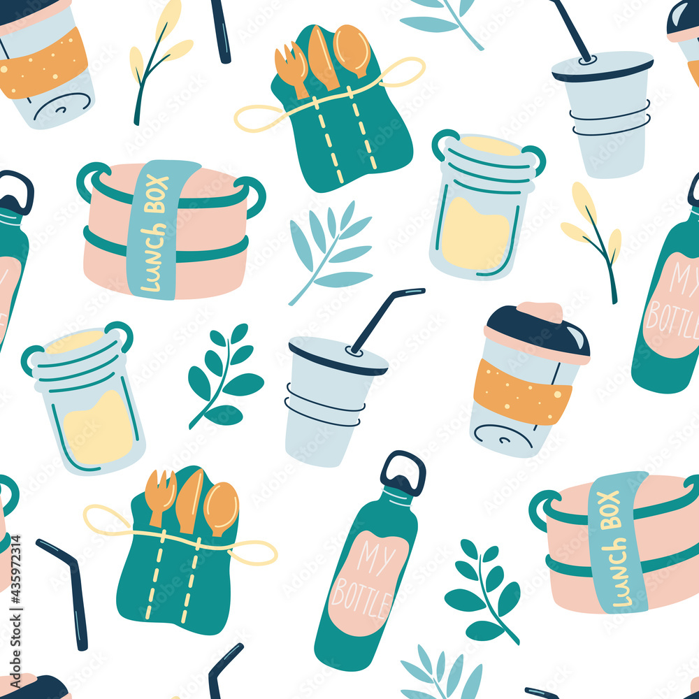 Seamless pattern with reusable products. Eco friendly wallpaper concept ...
