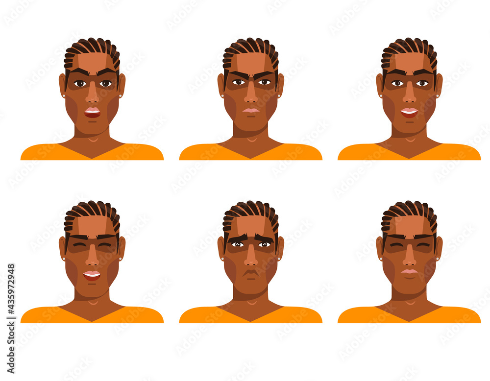 Set of emotions to the young black african american man. Guy in a ...