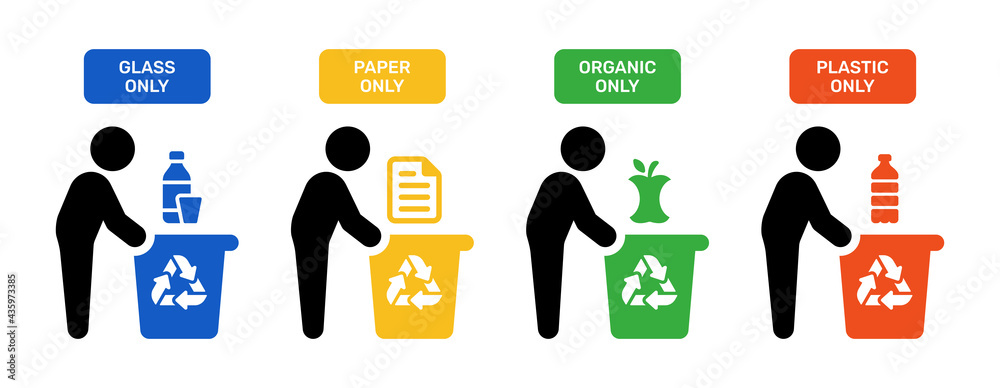 Waste sorting vector illustration. Garbage segregation recycling bins ...