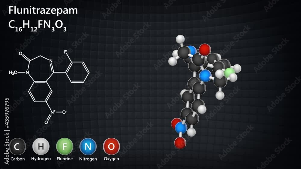 Flunitrazepam (Rohypnol) hypnotic drug molecule. Formula C16H12FN3O3 ...