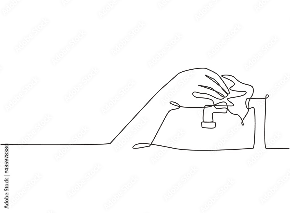 Single continuous line drawing dry the tap water with a towel after ...