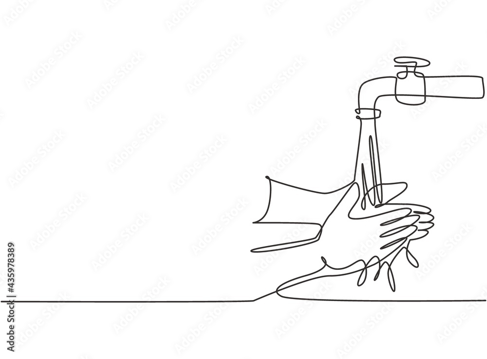 Continuous one line drawing of washing hands with clean water spilled ...