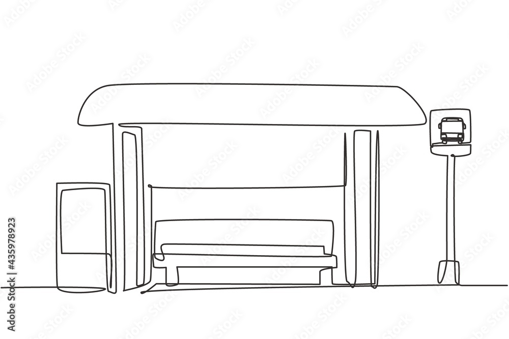 Single one line drawing of bus stops with shelter, simple bus signs and ... Single one line drawing of bus stops with shelter, simple bus signs and ...