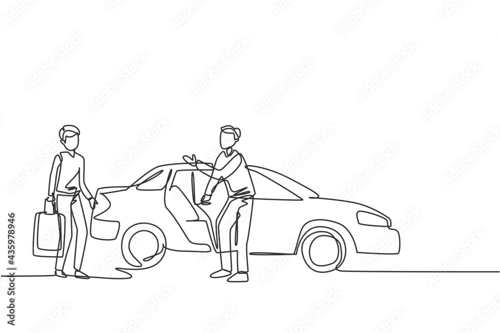 Single one line drawing of male taxi drivers are inviting prospective ...