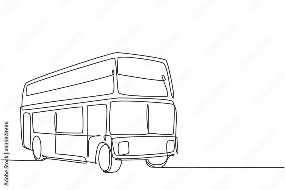 Continuous one line drawing double decker buses take tourists around ...