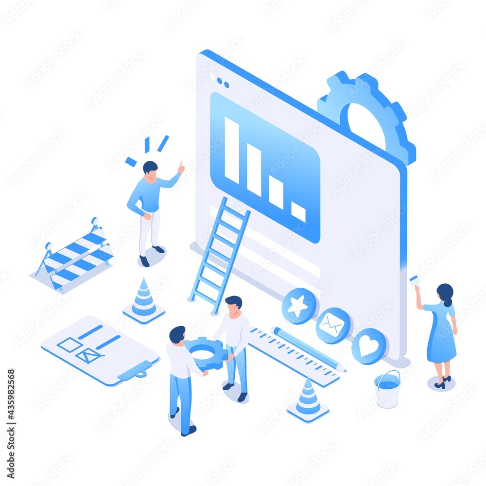 Website construction process. People create their page on the Internet ...