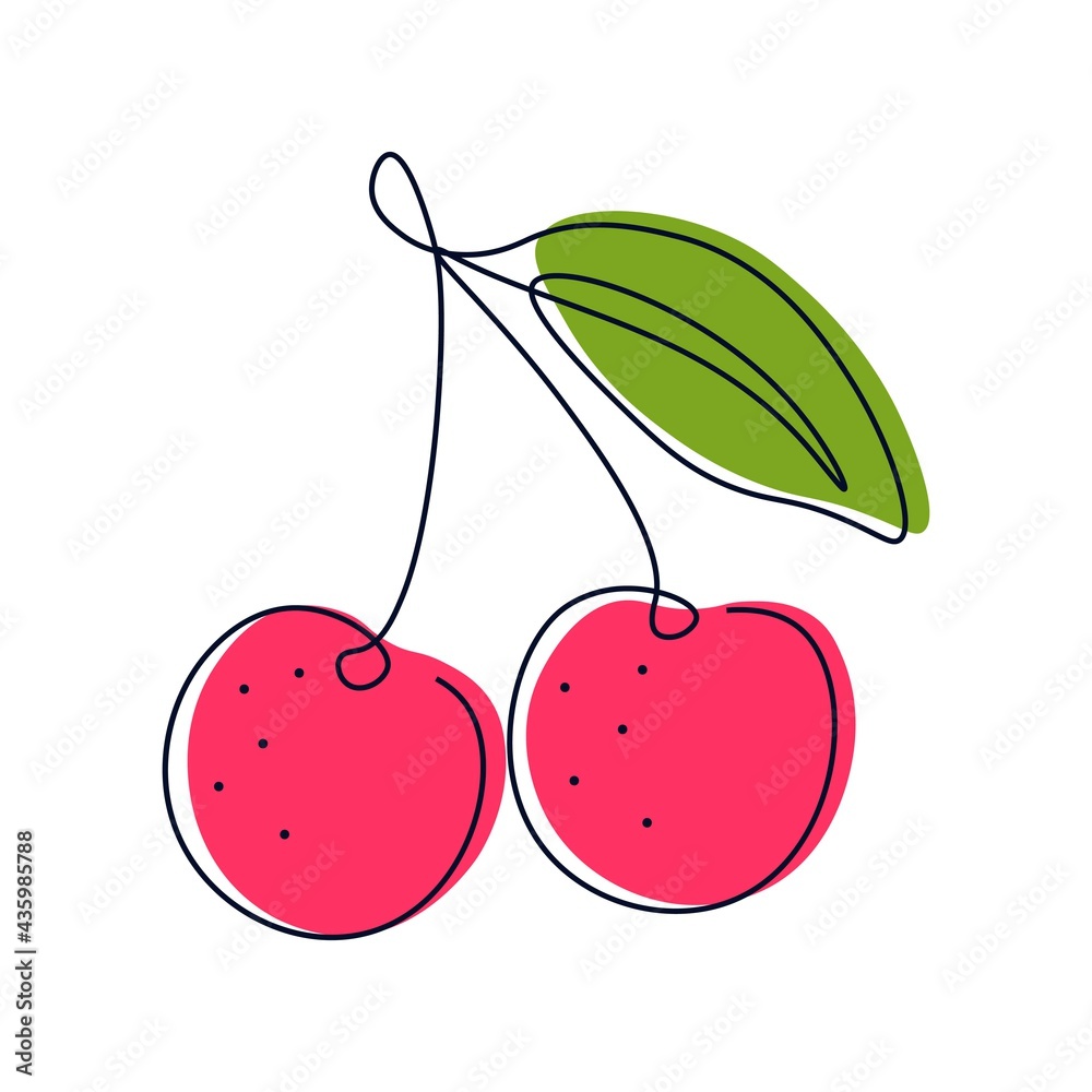 Cherry fruits in continuous drawing style. Abstract minimalistic style ...