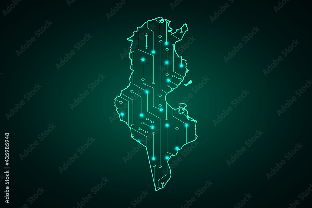 Map of Tunisia, network line, design sphere, dot and structure on dark background with Map ...