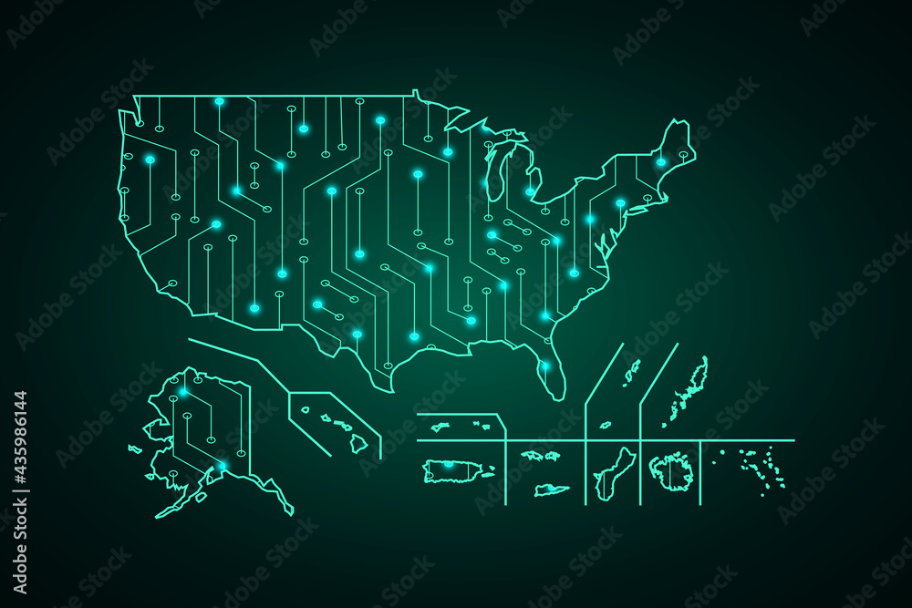 Map of USA Territories, network line, design sphere, dot and structure ...