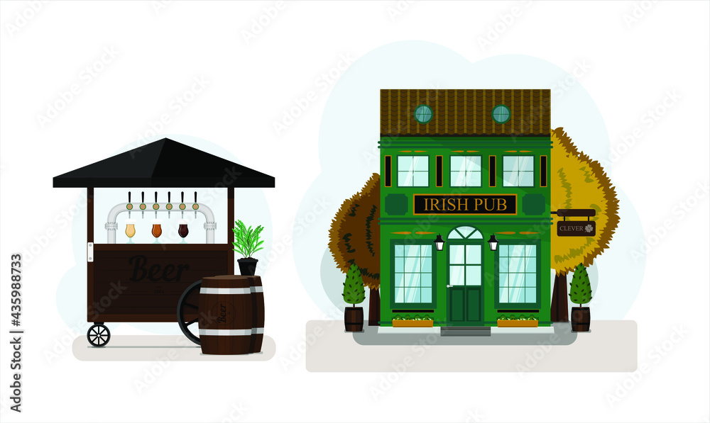 Beer set. Irish pub exterior vector illustration. Street stall with ...