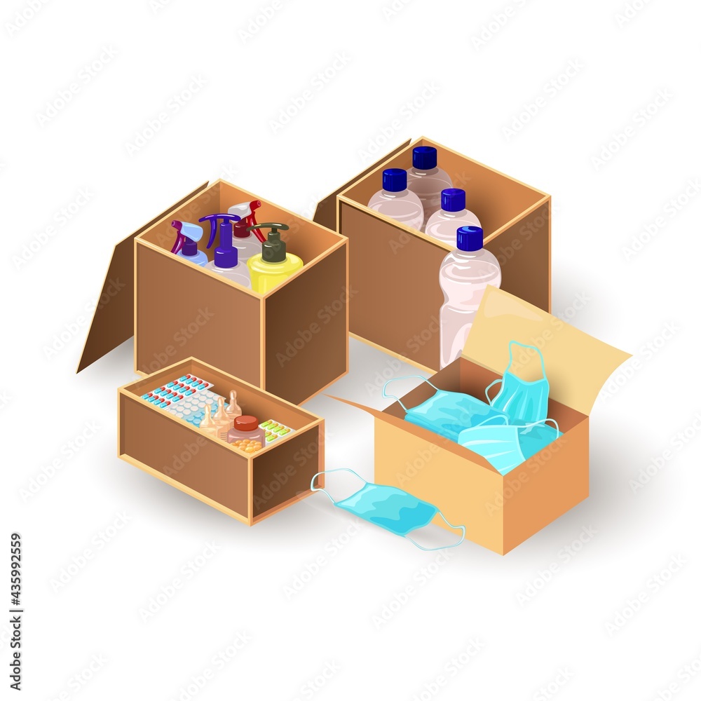 Cartoon cardboard boxes with face masks, cleaning supplies, medications ...
