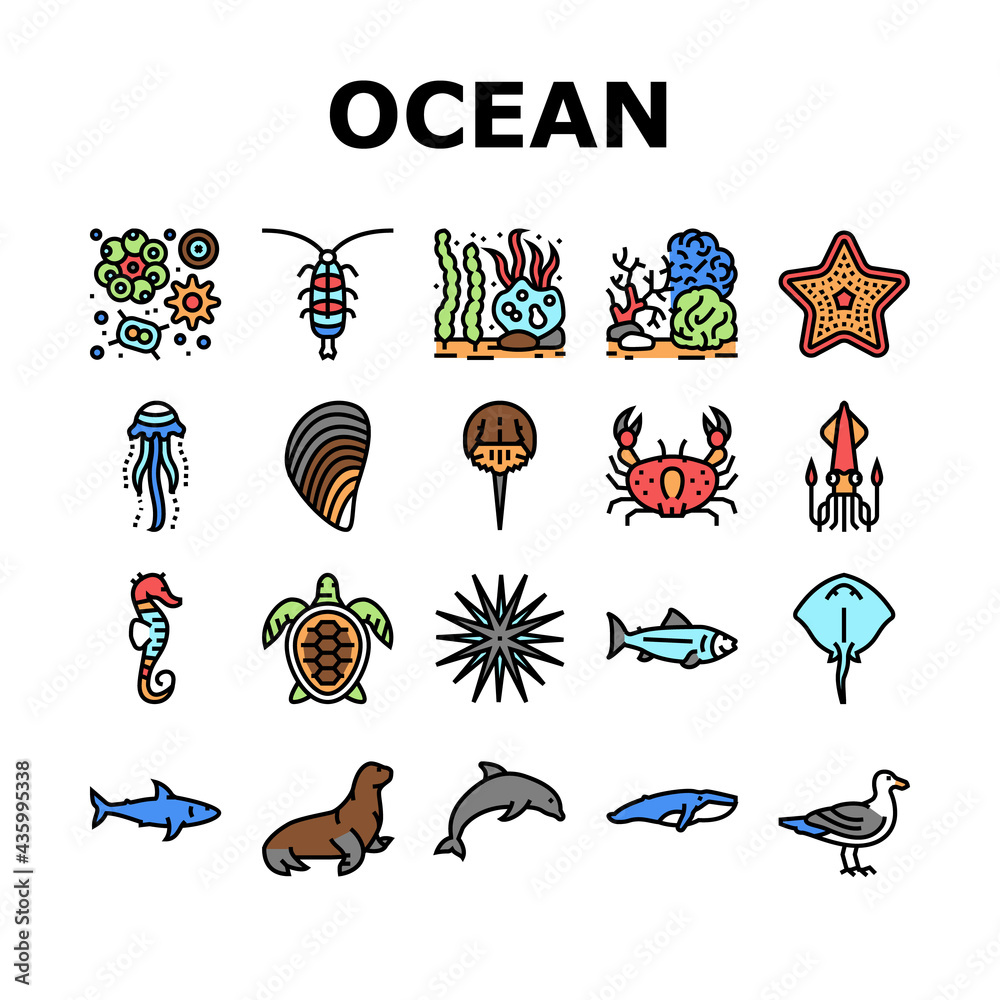 Ocean Underwater Life Collection Icons Set Vector. Ocean Fish And Star ...