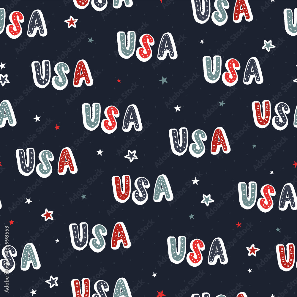 Lovely hand drawn patriotic seamless pattern, USA doodle background ...