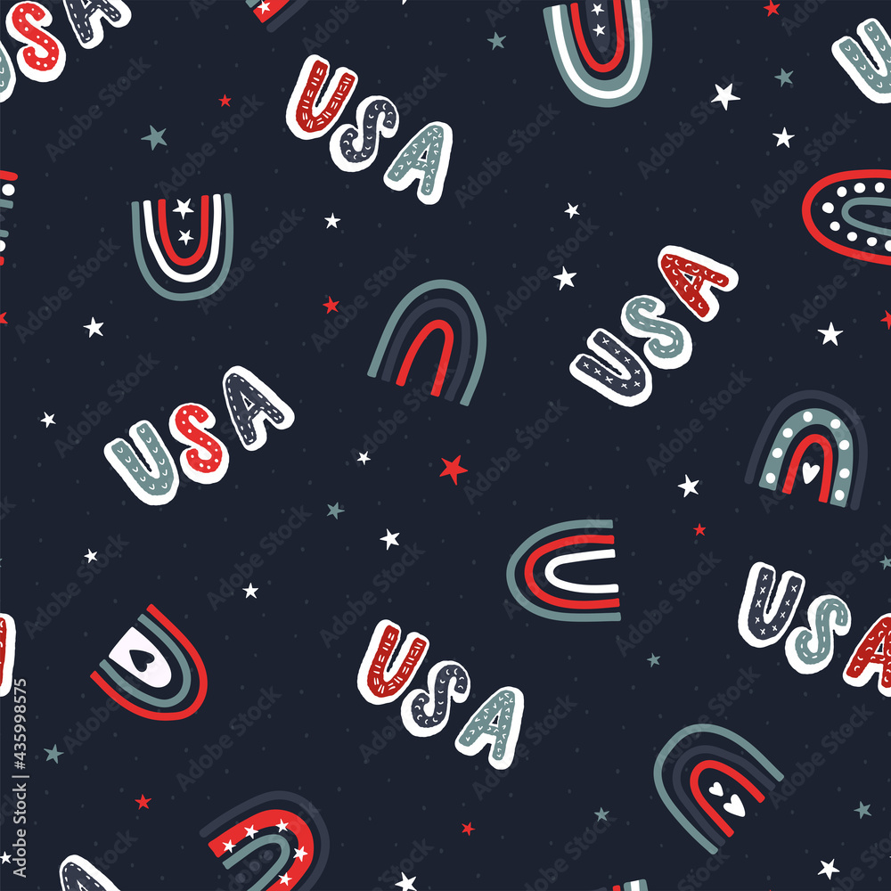 Lovely hand drawn patriotic seamless pattern, USA doodle background ...