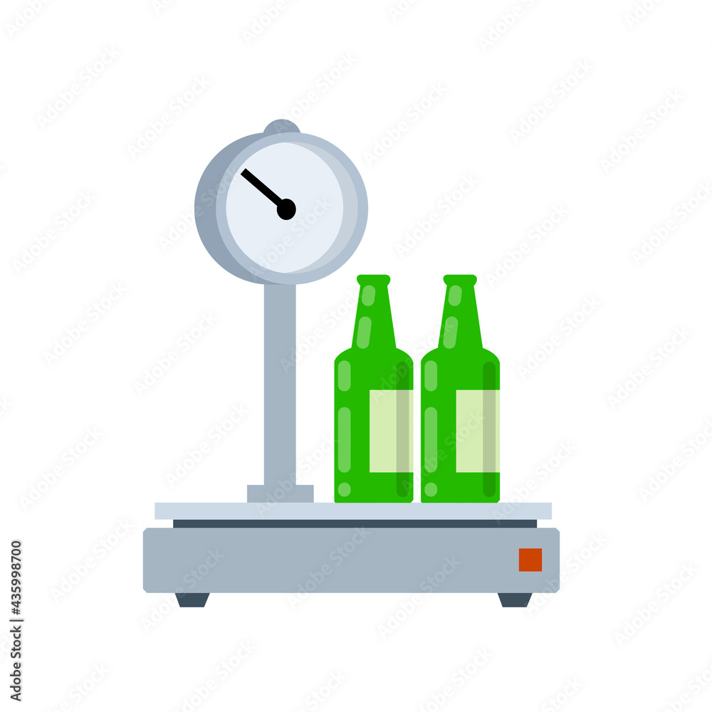 Bottles on scales. Shopping at grocery and alcohol store. Weighing ...