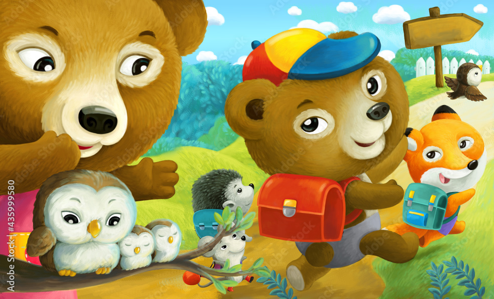 cartoon forest animals pupils friends going to school Stock ...