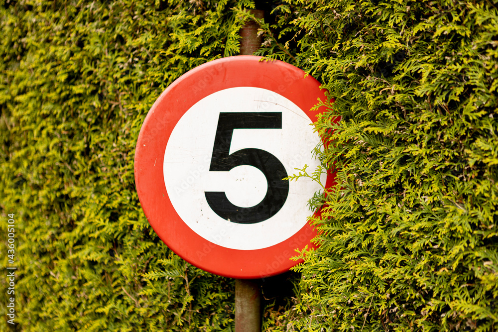Dutch traffic sign among green hedge limiting the speed of passing cars ...