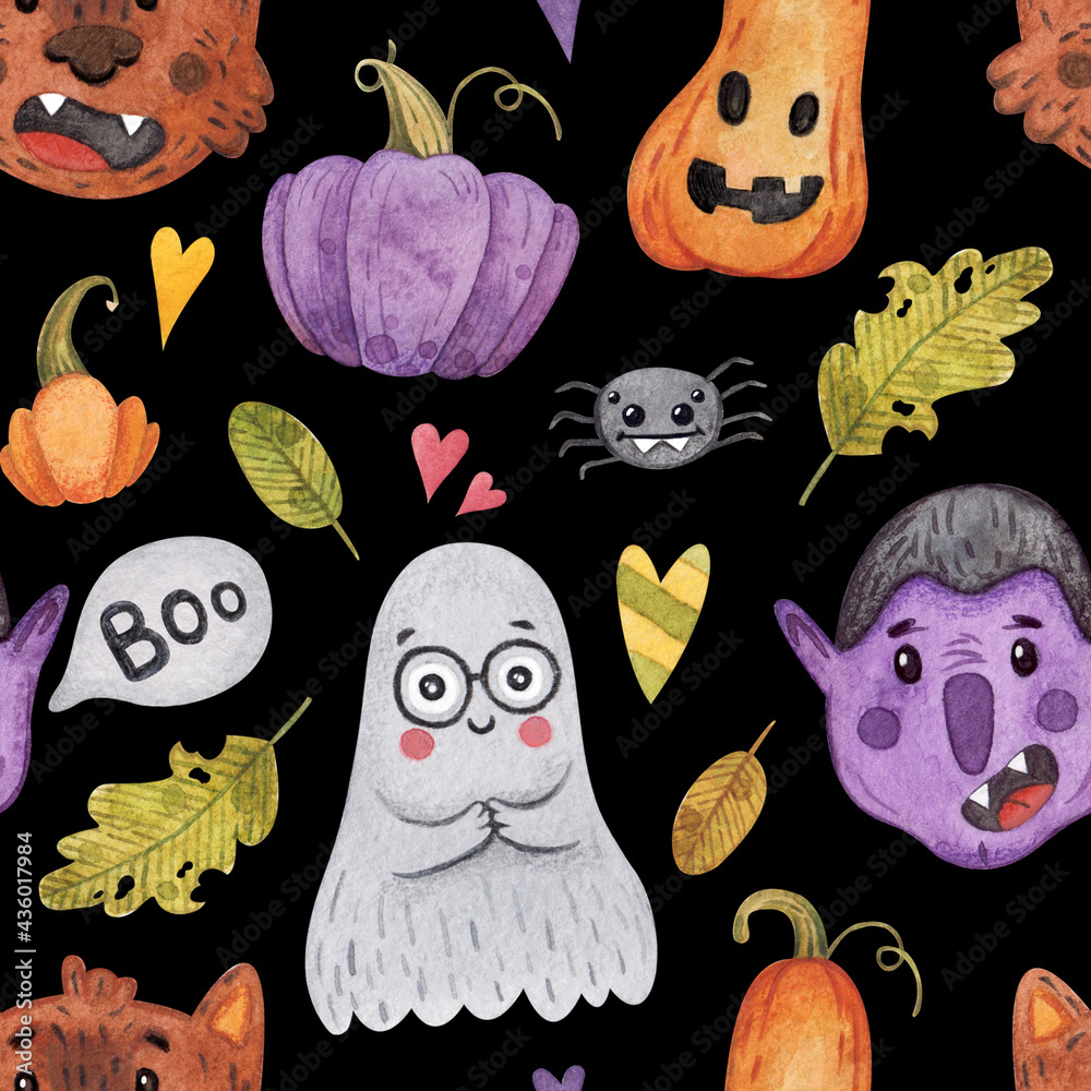 Watercolor Halloween seamless pattern on w background. Spider, purple ...