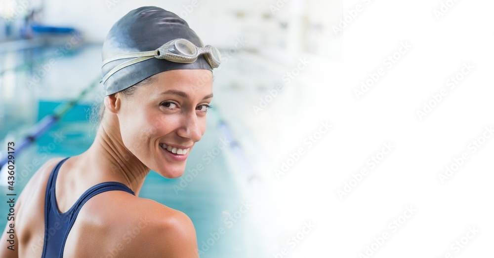 Composition of portrait of smiling caucasian female swimmer in swimming ...