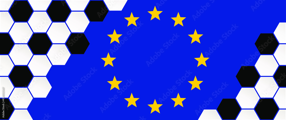 Soccer ball on blue background with the flag of europe. Football net ...