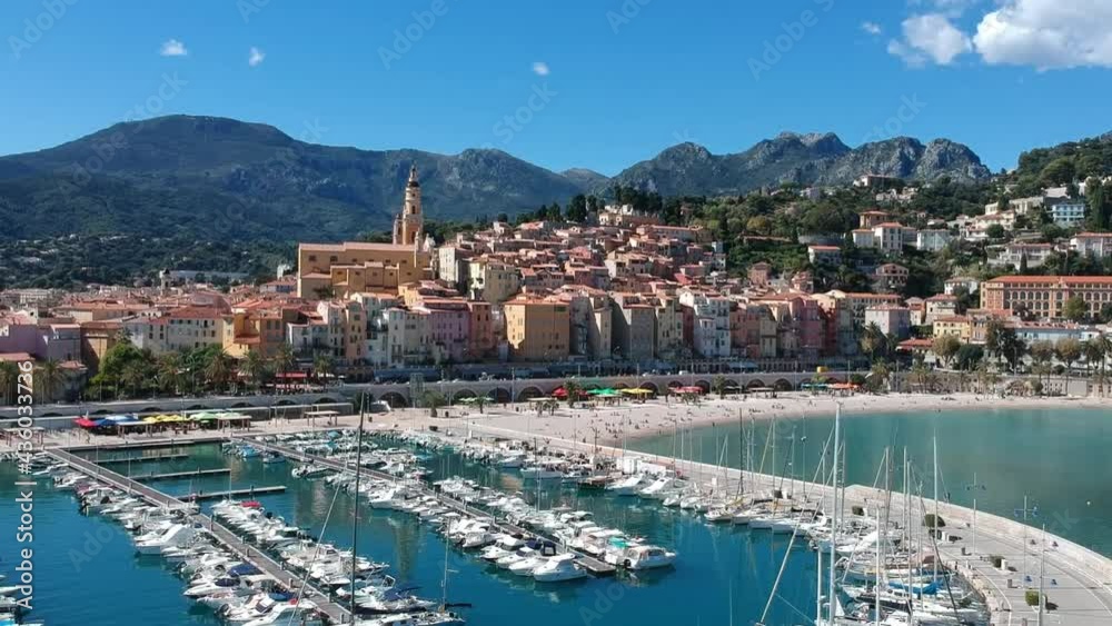 Aerial footage going back showing the Vieux Port, Sablette beach, Saint ...