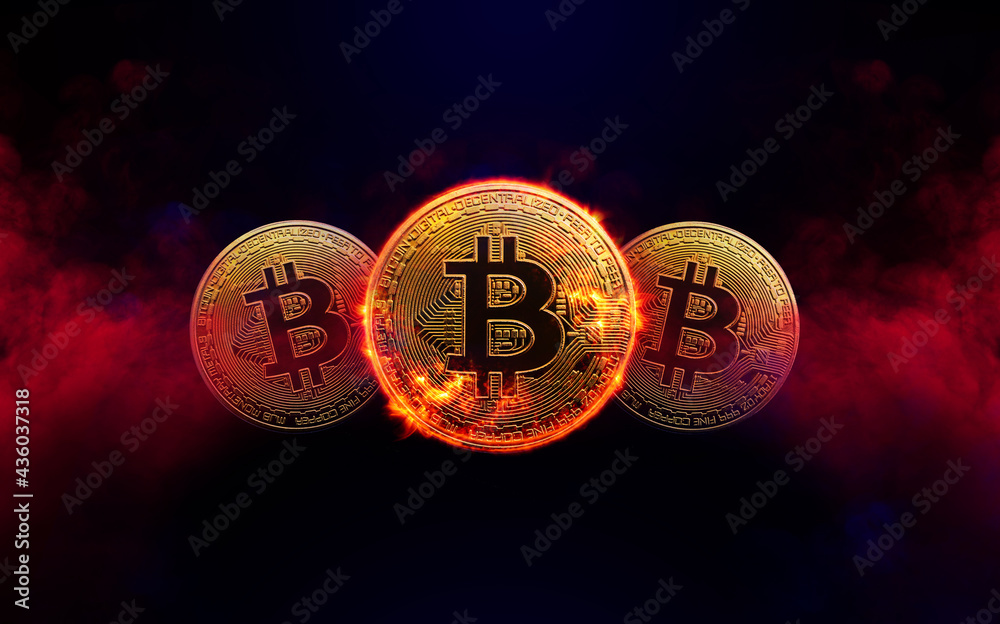 Burning golden bitcoin coin in red smoke background. cryptocurrency ...