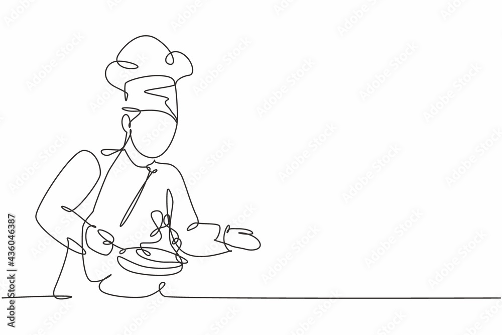 Single continuous line drawing of young handsome male chef preparing to ...
