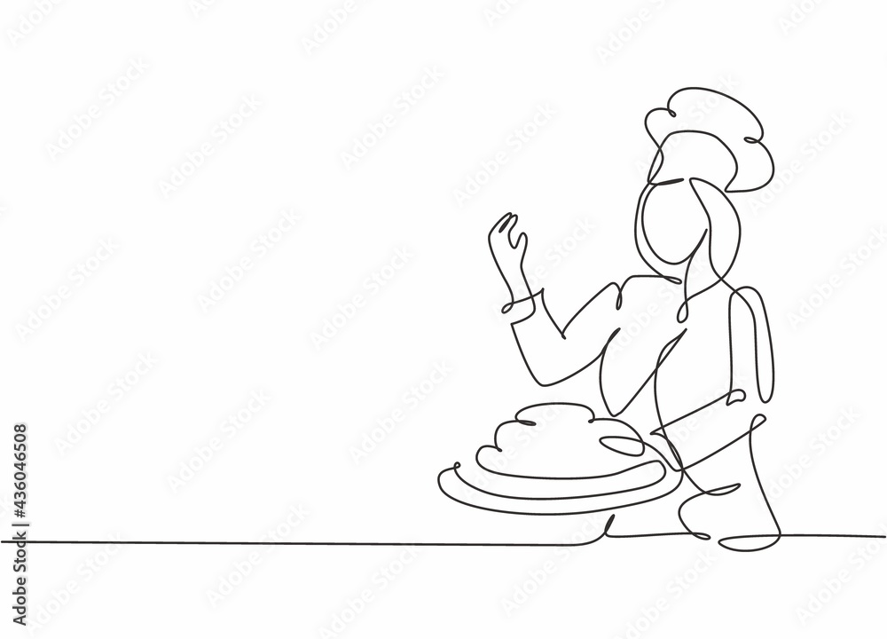 One continuous line drawing of young attractive female chef serving top ...
