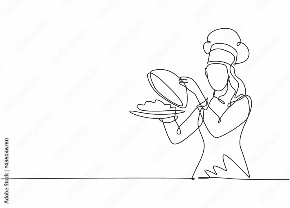 Single one line drawing young attractive female chef serving delicious ...