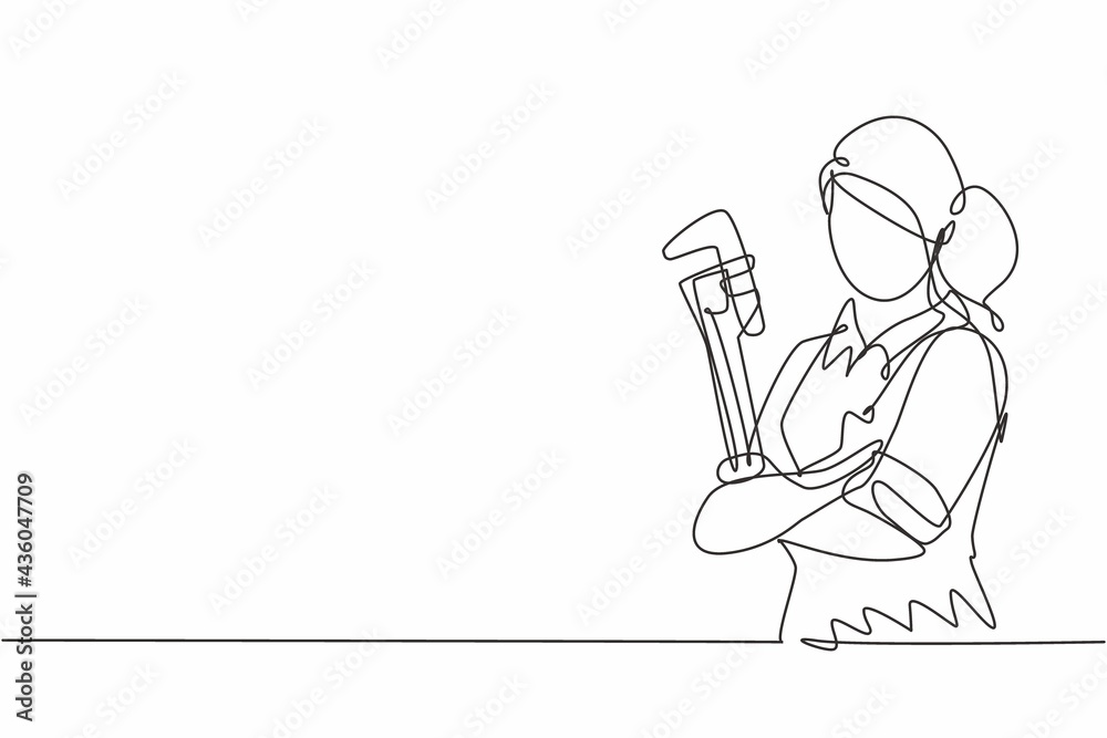 Single continuous line drawing of young female plumber holding pipe ...