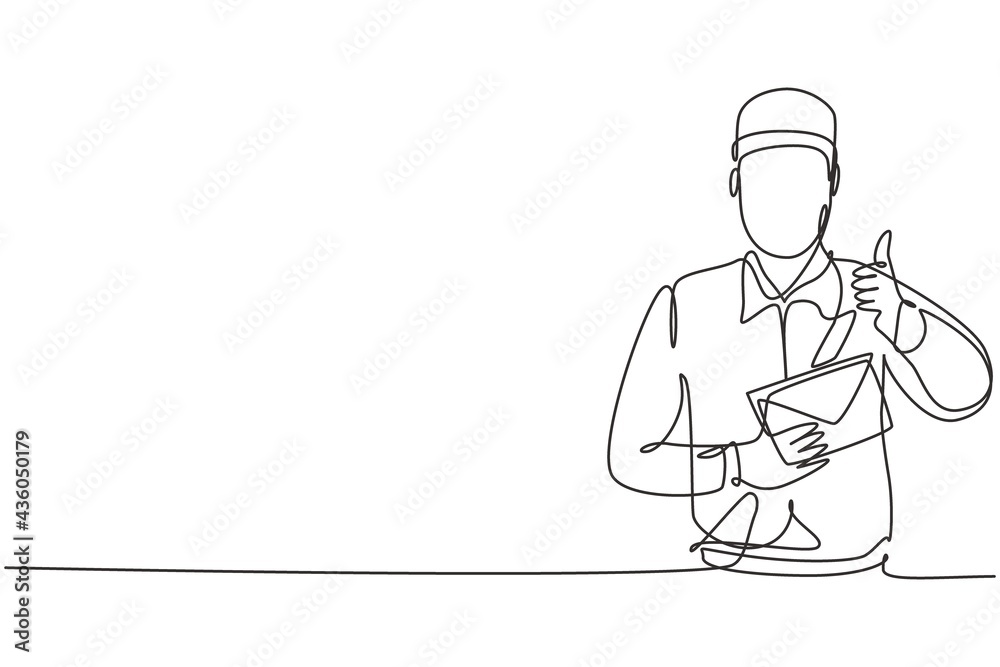 Single one line drawing of postman wearing a hat and uniform with a ...